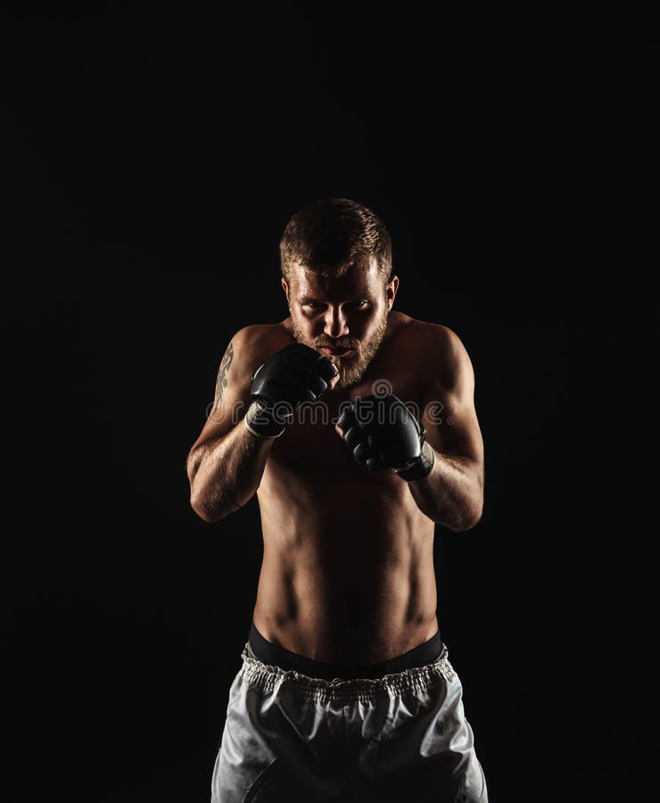 Athletic Bearded Boxer with Gloves on a Dark Background Stock Image ...