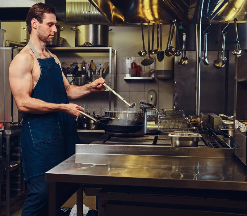 The Chef Preparing Meat on a Dry Pan. Stock Photo - Image of people ...