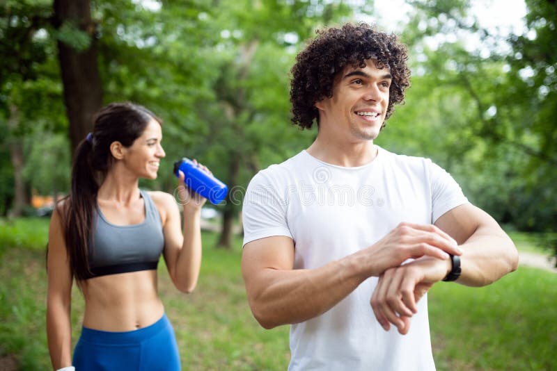 Athletic Couple Friend Drinking Water after Running Stock Image - Image ...
