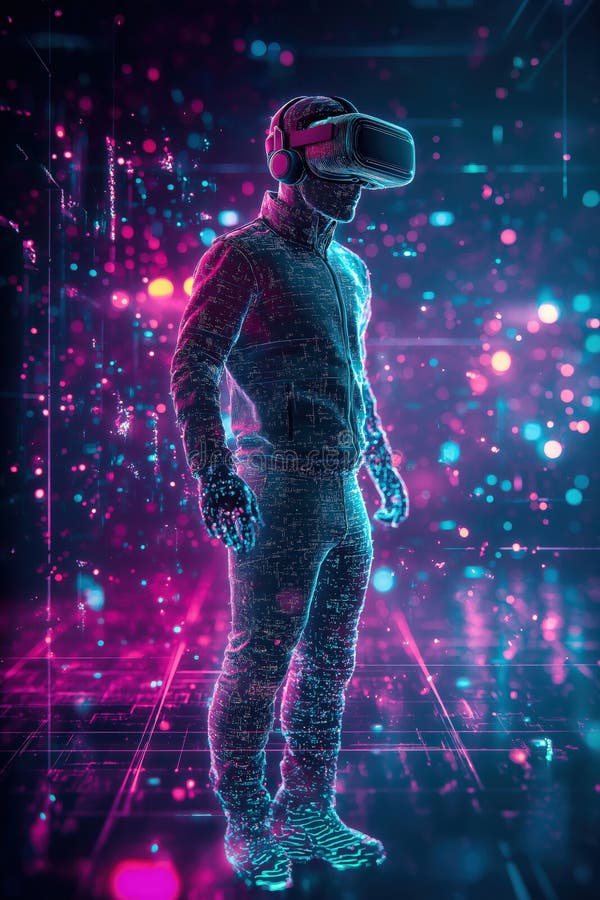 Athletic Figure in VR Headset Immersed in Futuristic Digital ...