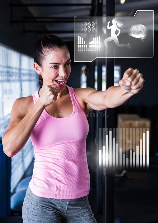 Athletic Fit Woman in Gym with Health Interface Stock Photo - Image of ...