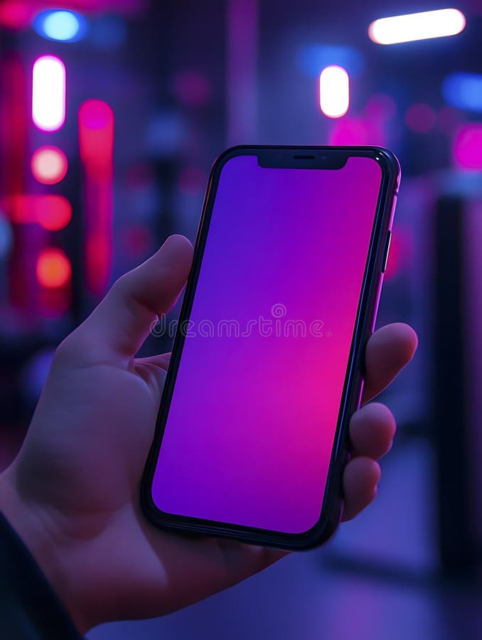 Athletic Hand Holding Smartphone in Neon Lit Gym Interior Stock Image ...