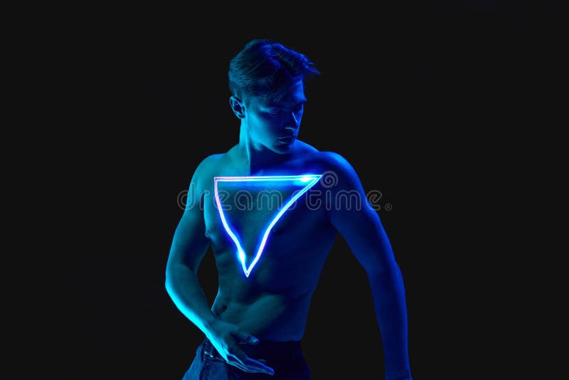 Athletic, Handsome Young Man Posing Shirtless with Digital Neon Filter ...