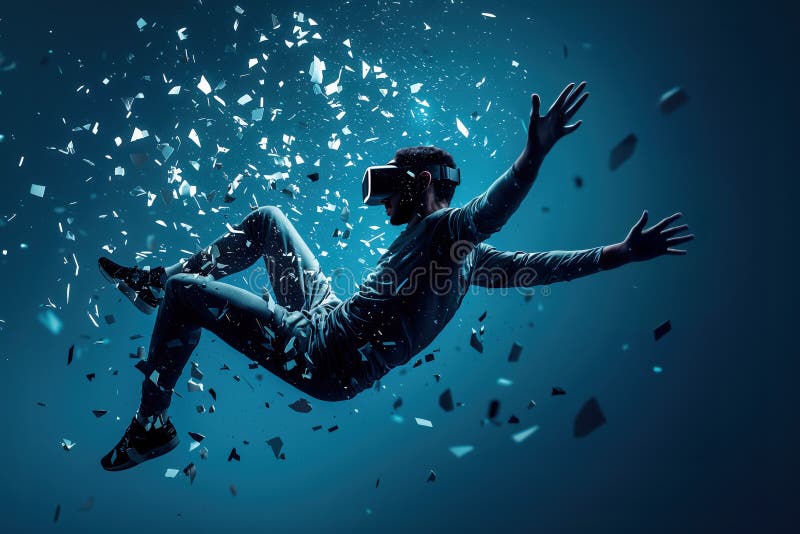 Athletic Individual Wearing VR Headset Floating through Virtual Reality ...