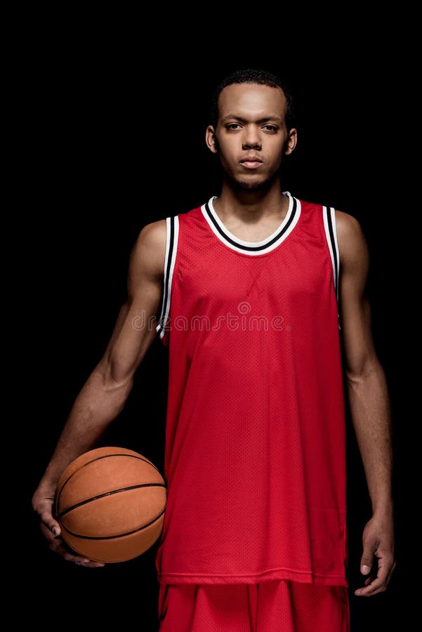 Athletic Man Basketball Player Standing with Ball on Black Stock Image ...