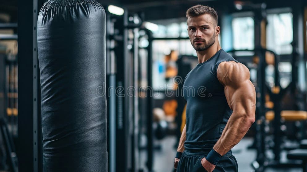 Athletic Man with Defined Muscles Posing Confidently in a Gym Under ...