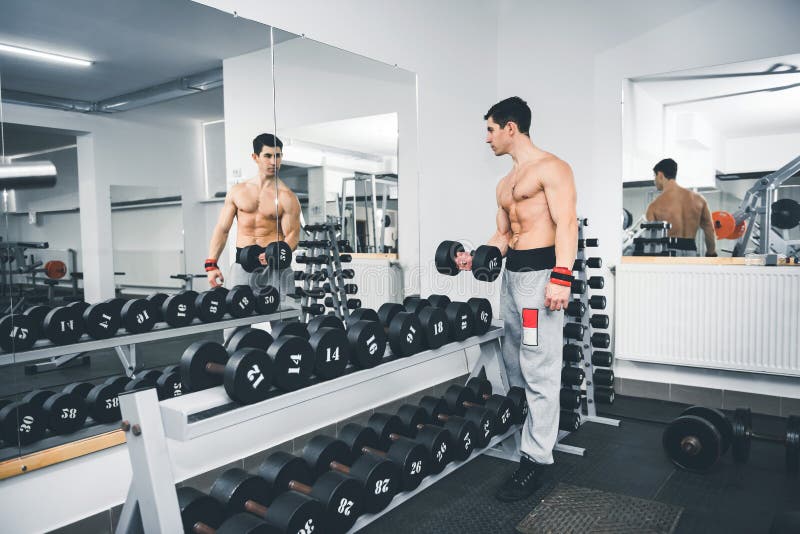 Athletic Man in Gym Working with Dumbbells Stock Image - Image of ...