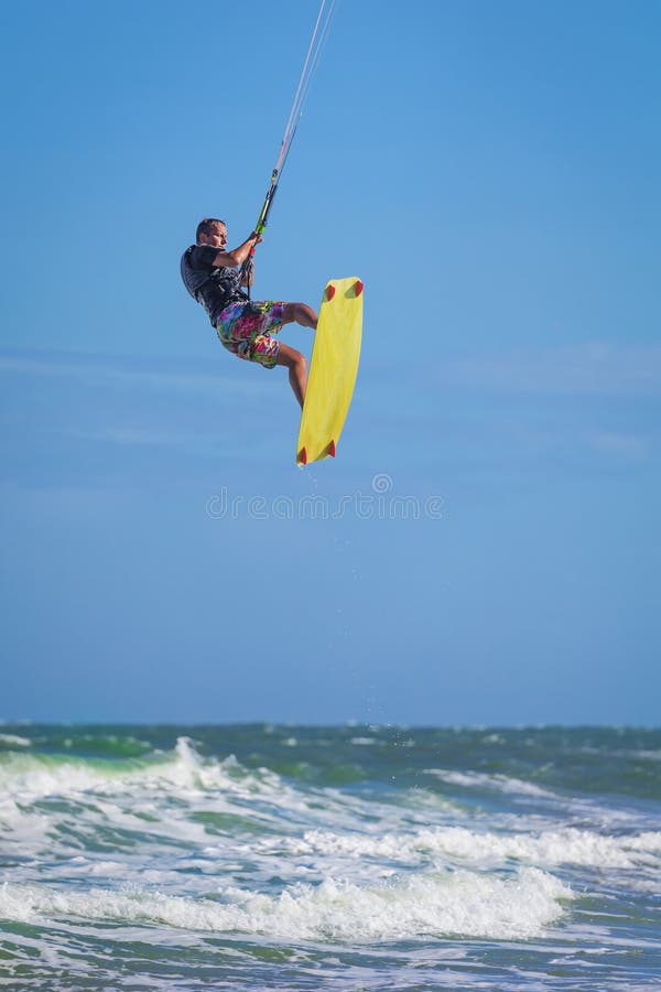 Athletic Man Jump on Kite Surf Board Sea Waves Stock Photo - Image of ...