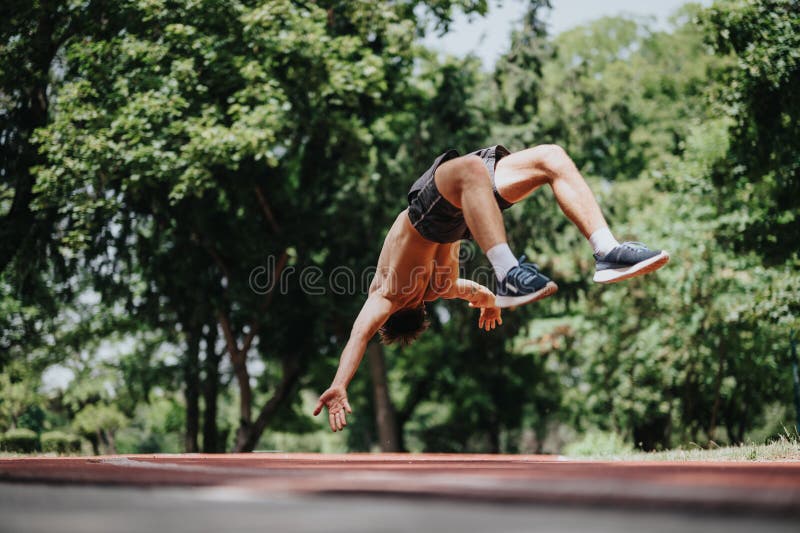 Athletic Man Performing a Dynamic Flip in the Park during a Workout ...