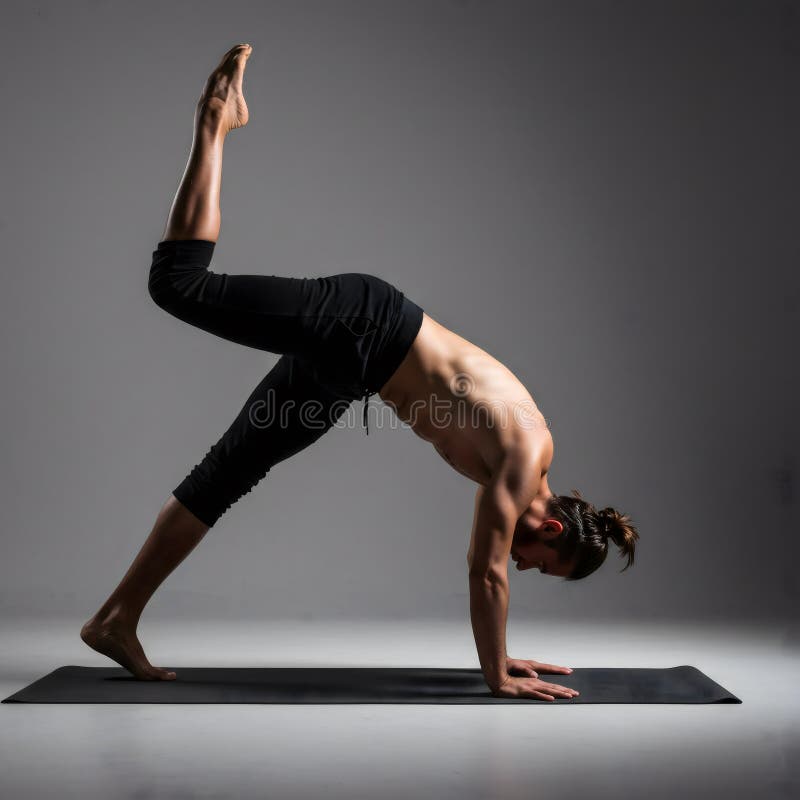 Athletic Man Performing Advanced Yoga Handstand Pose Balancing Strength ...
