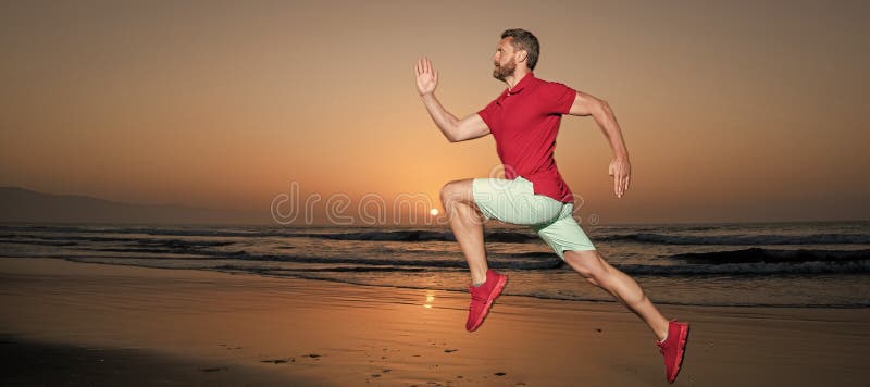 Athletic Man Runner Running on Sunset Summer Beach, Challenge. Man ...