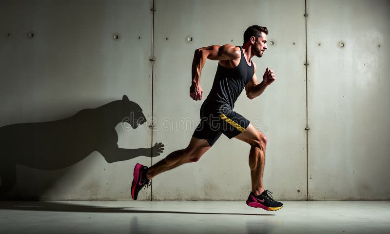 Athletic Man Running Dynamic Pose Cheetah Shadow Concrete Stock ...