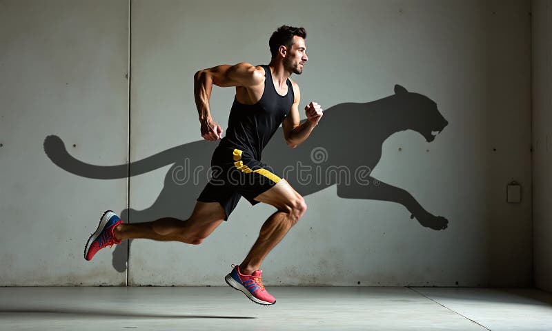 Athletic Man Running Dynamic Pose Cheetah Shadow Concrete Stock ...