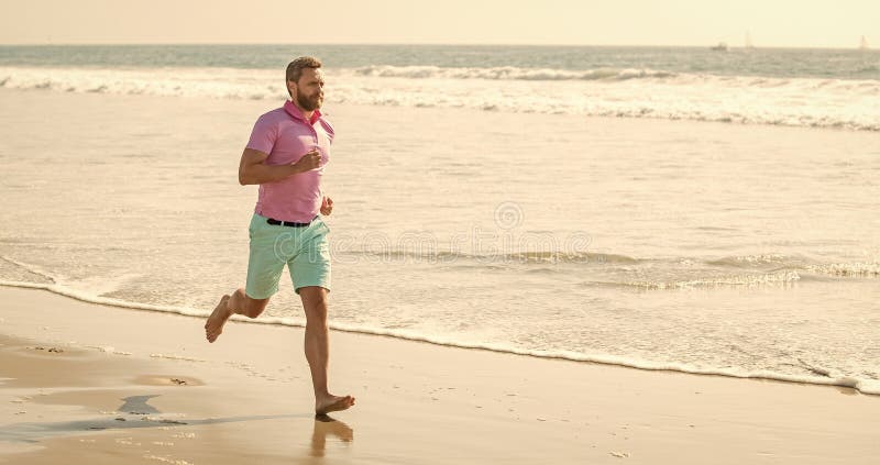 Athletic Man Running on Summer Beach for Training, Copy Space, Marathon ...
