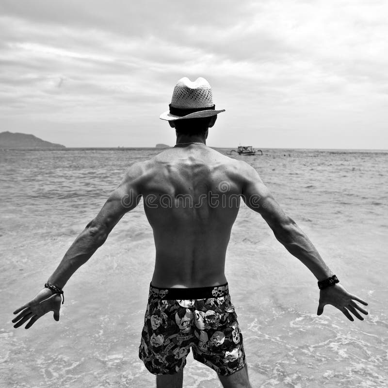 Athletic Man Stay Back on the Beach. Black-white Photo Stock Image ...