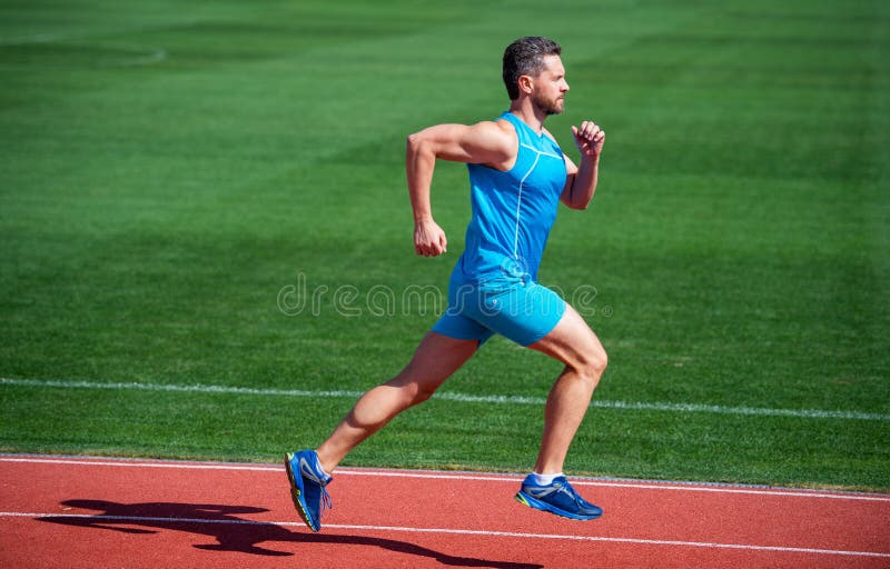 Athletic Mature Man Running on Stadium, Speed Stock Image - Image of ...