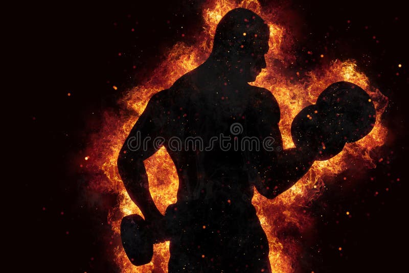 Athletic Man Training Biceps at the Gym with Fire Effect Stock Photo ...