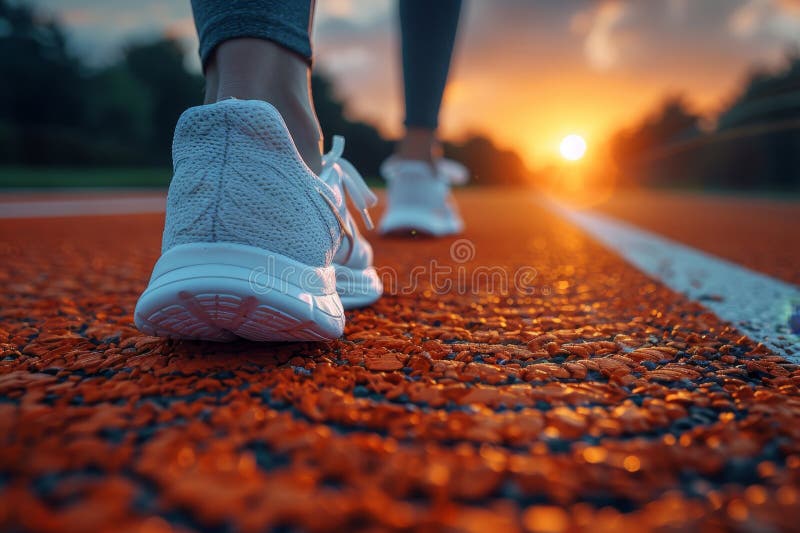 Athletic Runner Prepares for Competition in Stadium at Sunset Ahead of ...