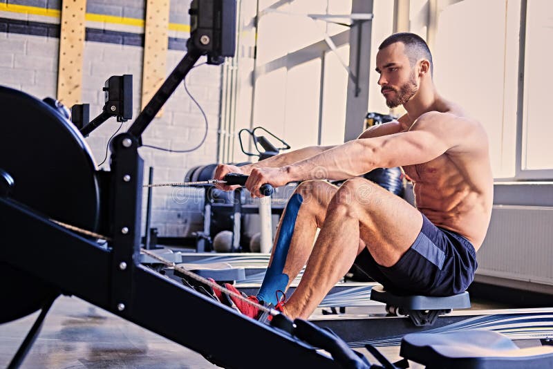 A Man Doing Workouts on a Back with Power Exercise Machine Stock Photo ...