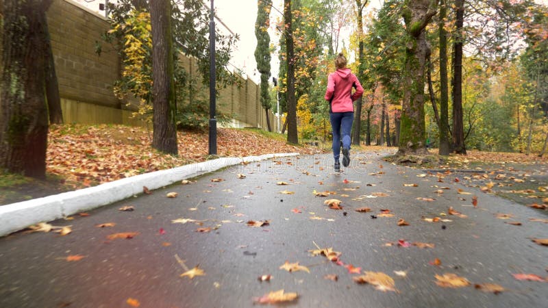 Athletic Young Girl Running in Autumn Park after Rain. Rear View Stock ...