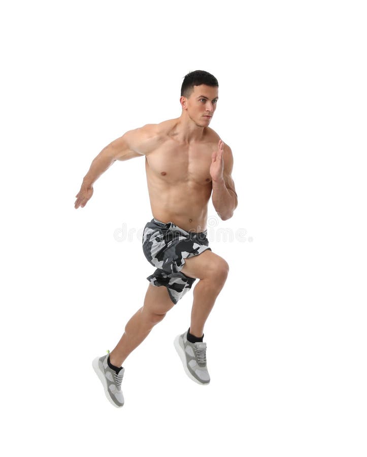 Athletic Young Man Running on White Stock Photo - Image of clothes ...