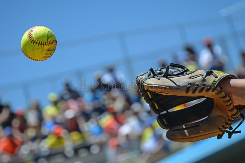 Athleticism Captured Softball Glove Snagging High Fly Ball in Close Up ...
