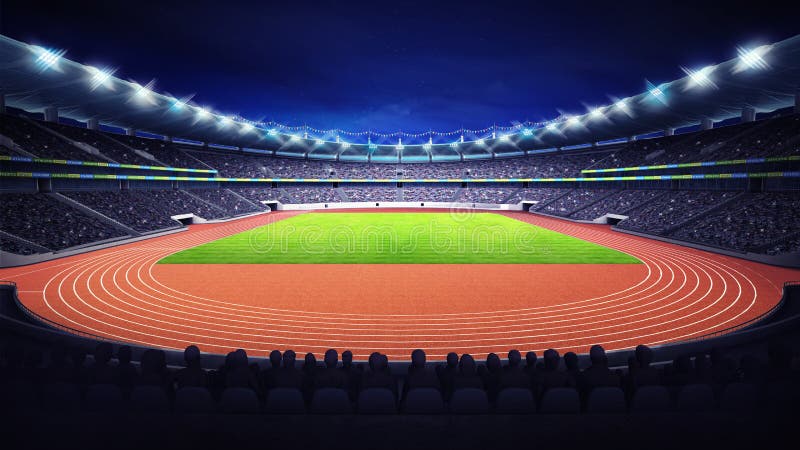 Athletics Stadium With Track And Grass Field At Front Night View Stock ...
