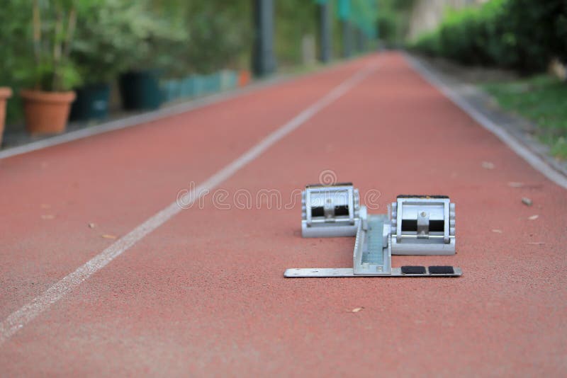 Athletics Starting Blocks and Red Running Tracks in Stadion Stock Image ...