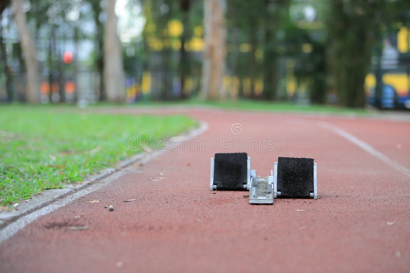 Athletics Starting Blocks and Red Running Tracks in Stadion Stock Image ...