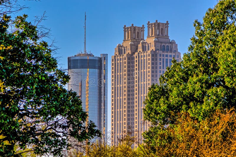 Atlanta Cityscape Buildings in between Green Trees Stock Photo - Image ...