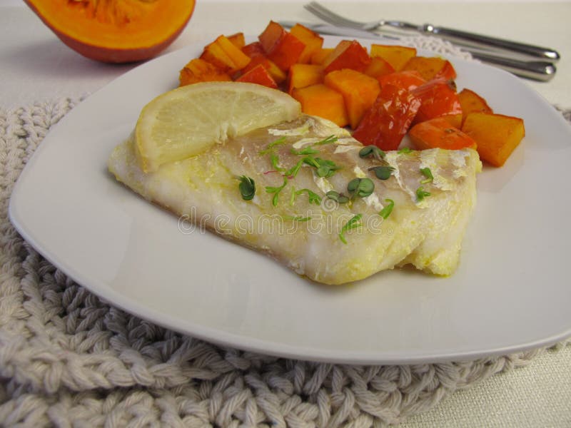 Atlantic Cod Fillet and Red Kuri Squash Stock Image - Image of fish ...