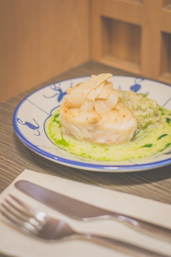 Atlantic Cod, Mushrooms, Fennel Compote, Horseradish Sauce Served in a ...