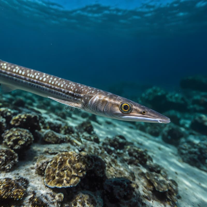 Atlantic Needlefish in Action Near Ocean Surface, Its Sharp Beak Ready ...