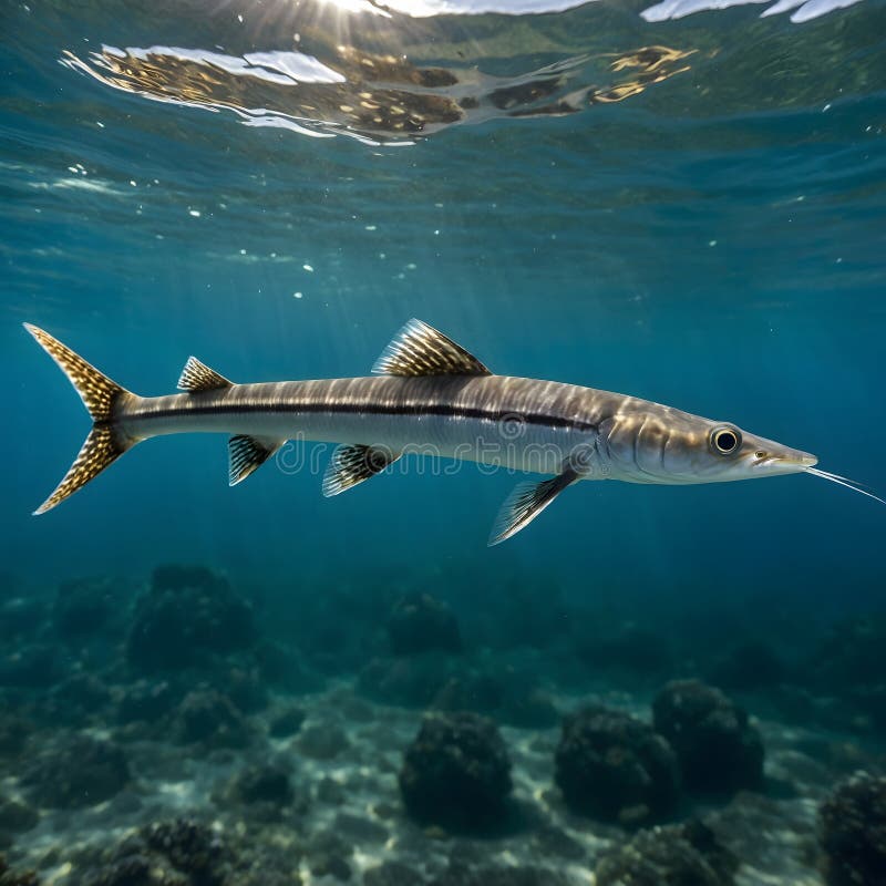 Atlantic Needlefish Gliding Beneath Ocean Surface, Shimmering in the ...
