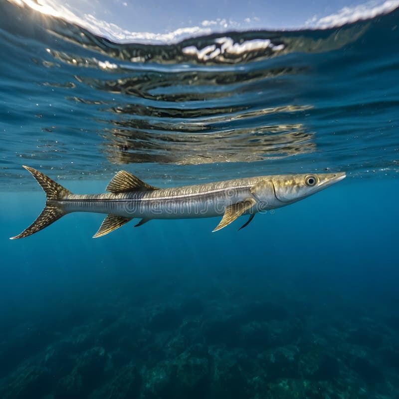 Atlantic Needlefish Speeding through Open Ocean, Chasing Small Fish ...