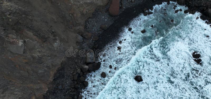 Atlantic Ocean from Above, Waves and Black Basalt Sand and Rocks, View ...