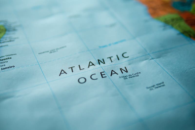 Atlantic Ocean on a Map. Selective Focus on Label Stock Photo - Image ...