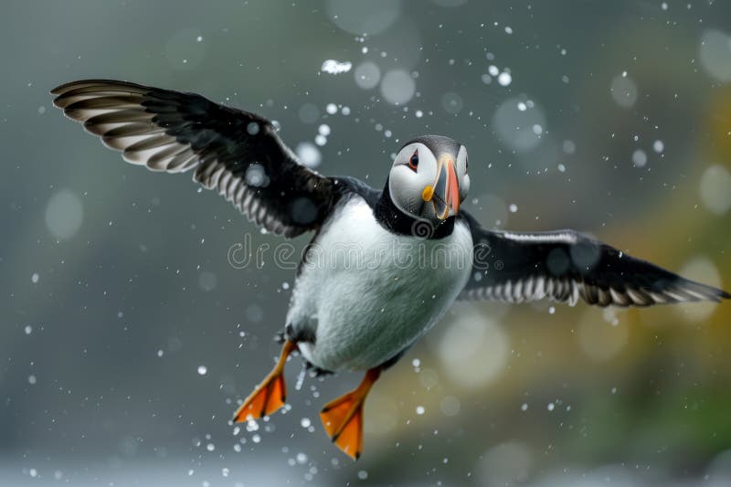 Atlantic Puffin Flying and Spreading Wings Over Water Stock Photo ...