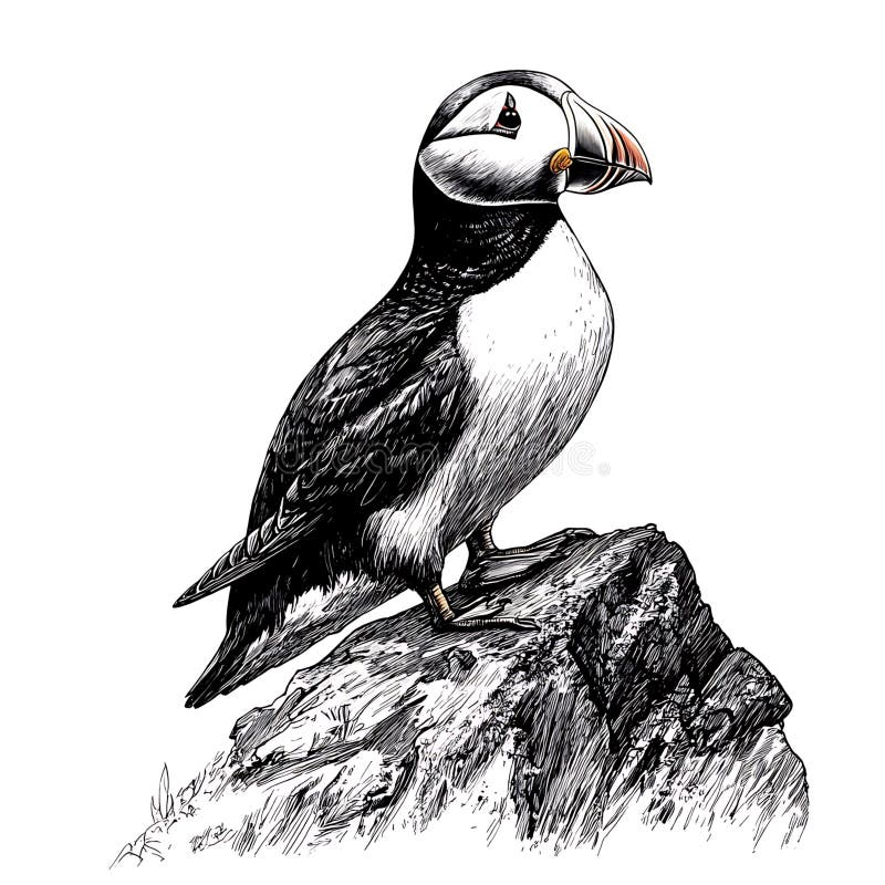 Atlantic Puffin Perched on a Rock, Detailed Pen and Ink Illustration ...