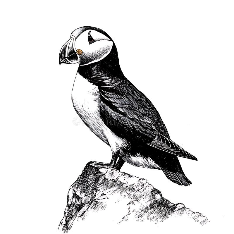 Atlantic Puffin Perched on a Rock, Hand-drawn Illustration Stock ...