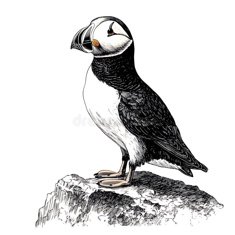 Atlantic Puffin Standing on Rock, Detailed Illustration Stock ...