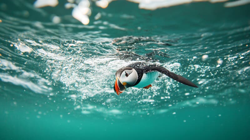 Atlantic Puffin Swimming Underwater in Clear Blue Ocean Stock Image ...