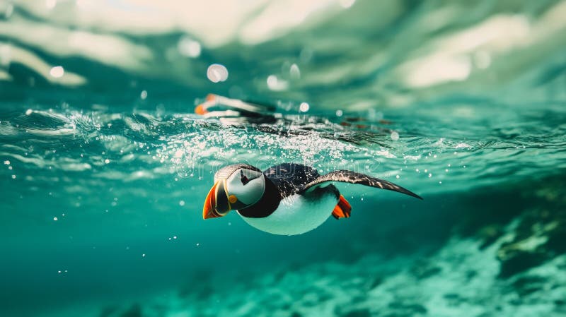 Atlantic Puffin Swimming Underwater in Crystal Clear Ocean Stock Photo ...
