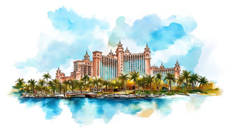 Atlantis Resort. Atlantis Resort Hand Drawn Watercolor Illustration ...