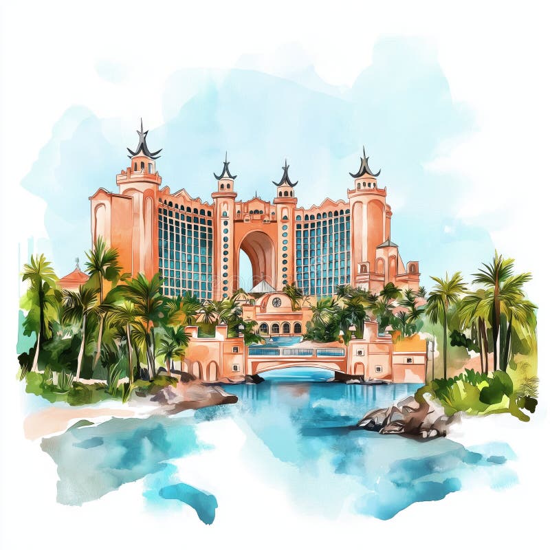Atlantis Resort. Atlantis Resort Hand Drawn Watercolor Illustration ...