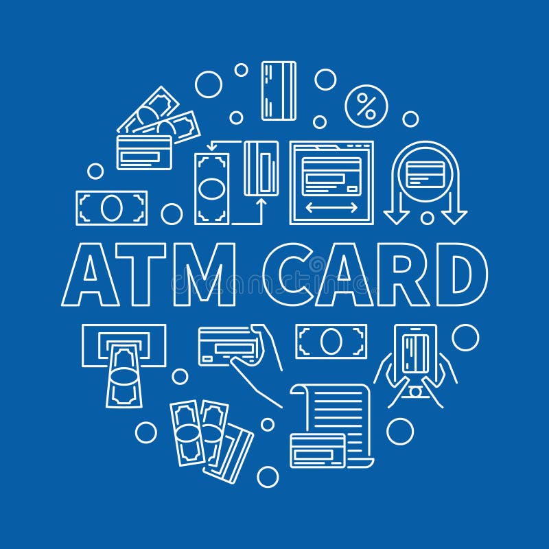 ATM Card Vector Round Linear Illustration on Blue Background Stock ...