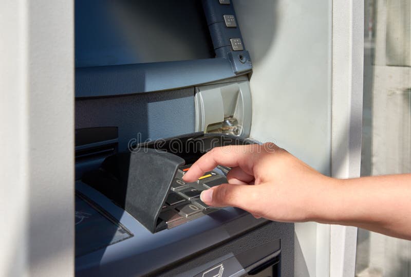 ATM with Keyboard and Hand of Young Woman Tapping PIN Stock Image ...