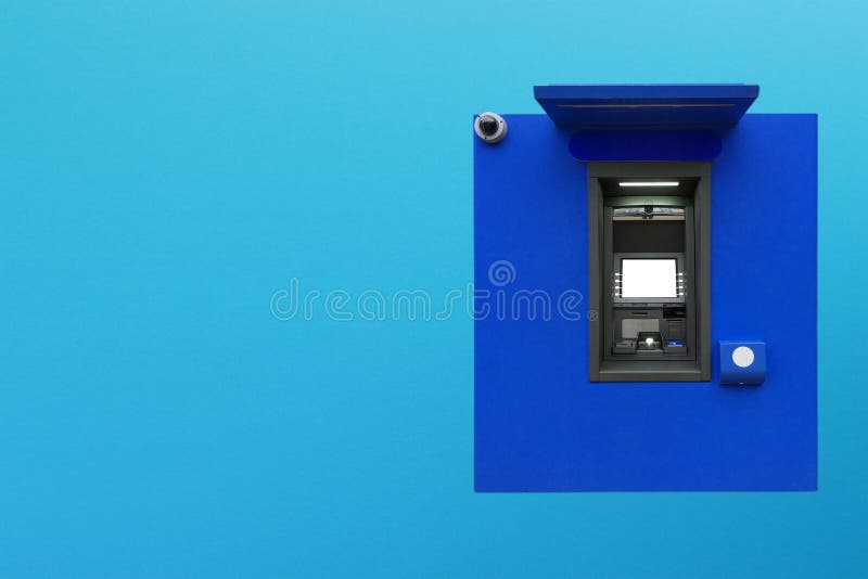 Atm Machine with Copy Space on Blue Background Stock Image - Image of ...
