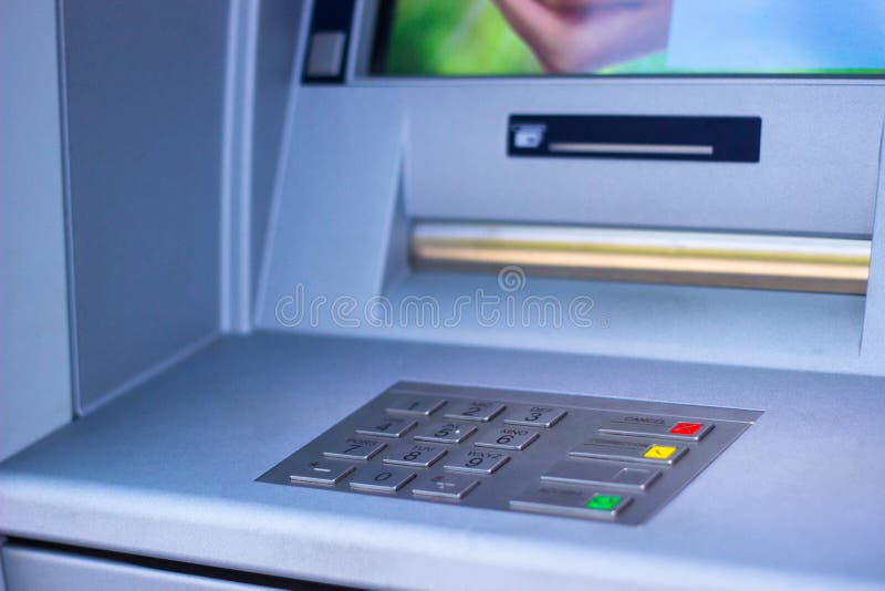 ATM Machine Blue Background Stock Image - Image of card, currency ...