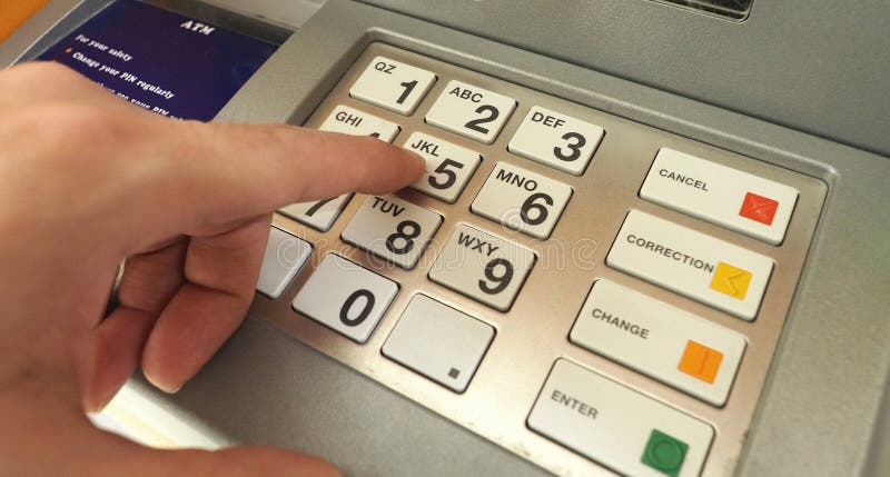 ATM Machine and Close-up Man Hand. Stock Image - Image of button ...